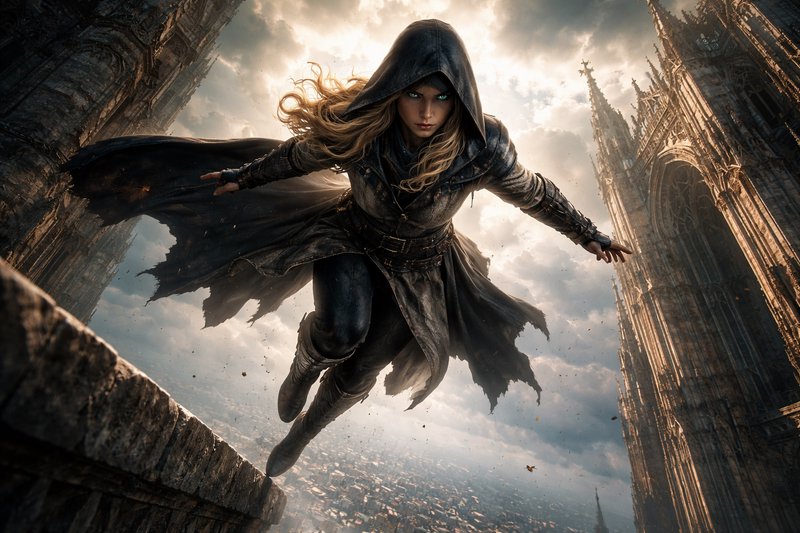 Dynamic cinematic action of a hooded female assass | Biscuit on ...