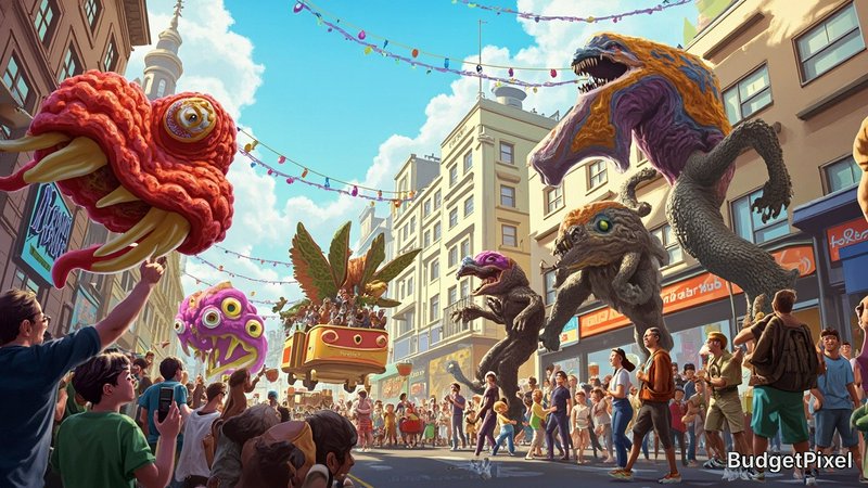 A vibrant 3D-animated parade scene featuring a gro | legion on ...