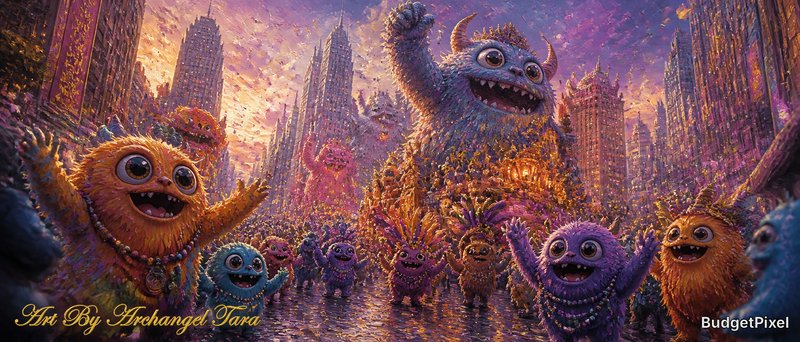 A vibrant, cinematic scene of friendly monsters in | archangeltara on ...