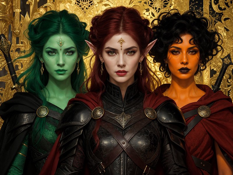 A dramatic trio of armored elven warriors stands a | sonny001 on ...